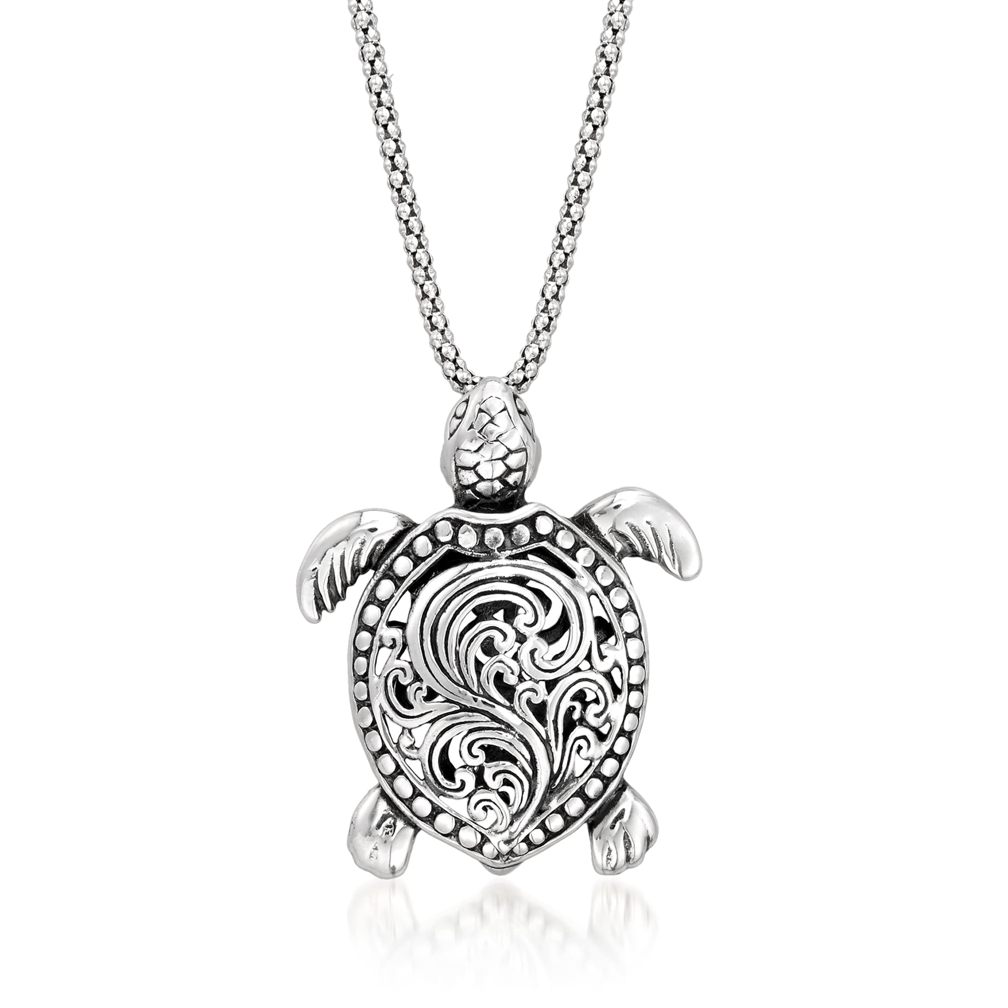 Ross-Simons Sterling Silver Bali-Style Turtle Pendant Necklace. 18 inches