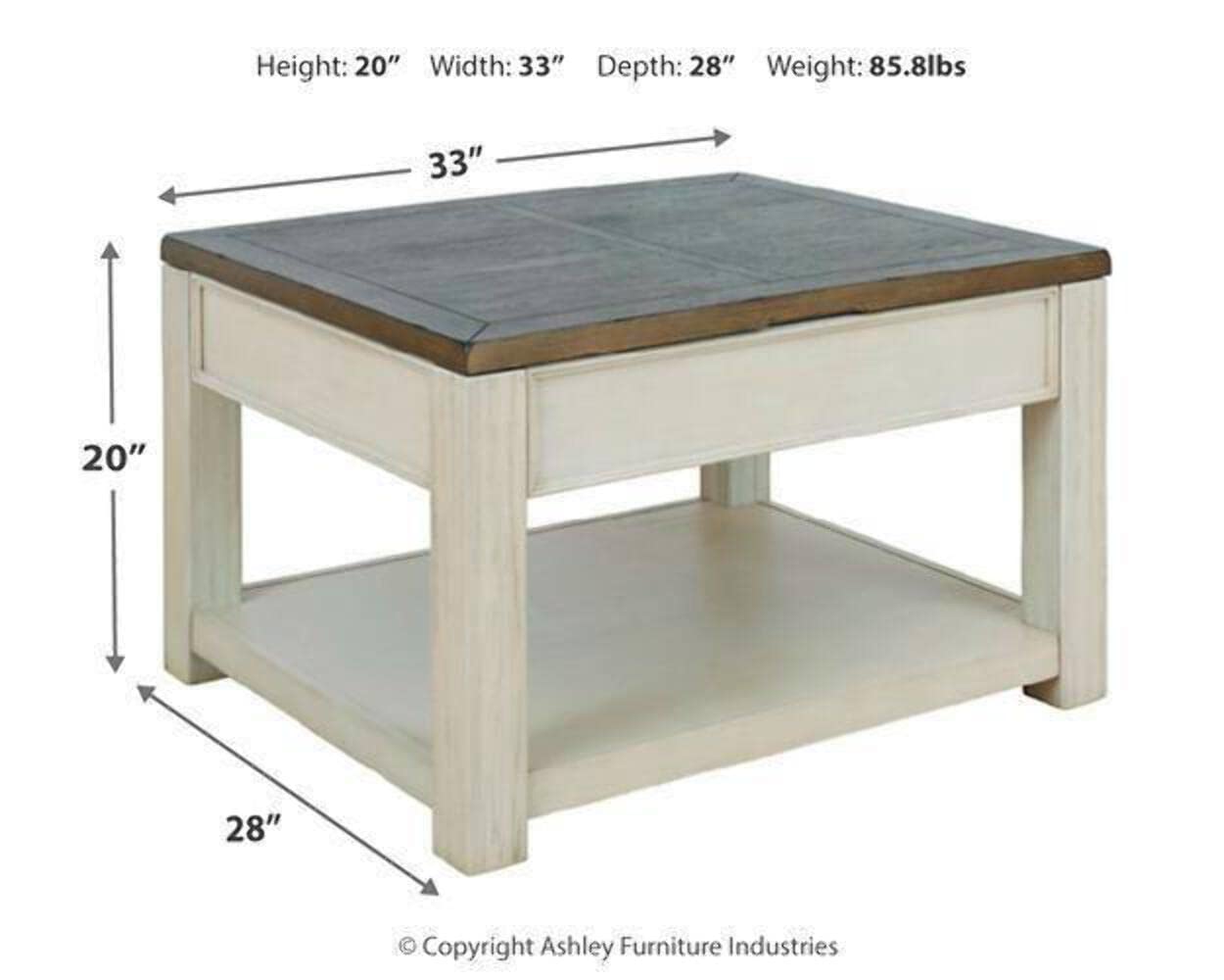 Signature Design by Ashley Bolanburg Farmhouse Lift Top Coffee Table with Floor Shelf, Weathered Brown & White