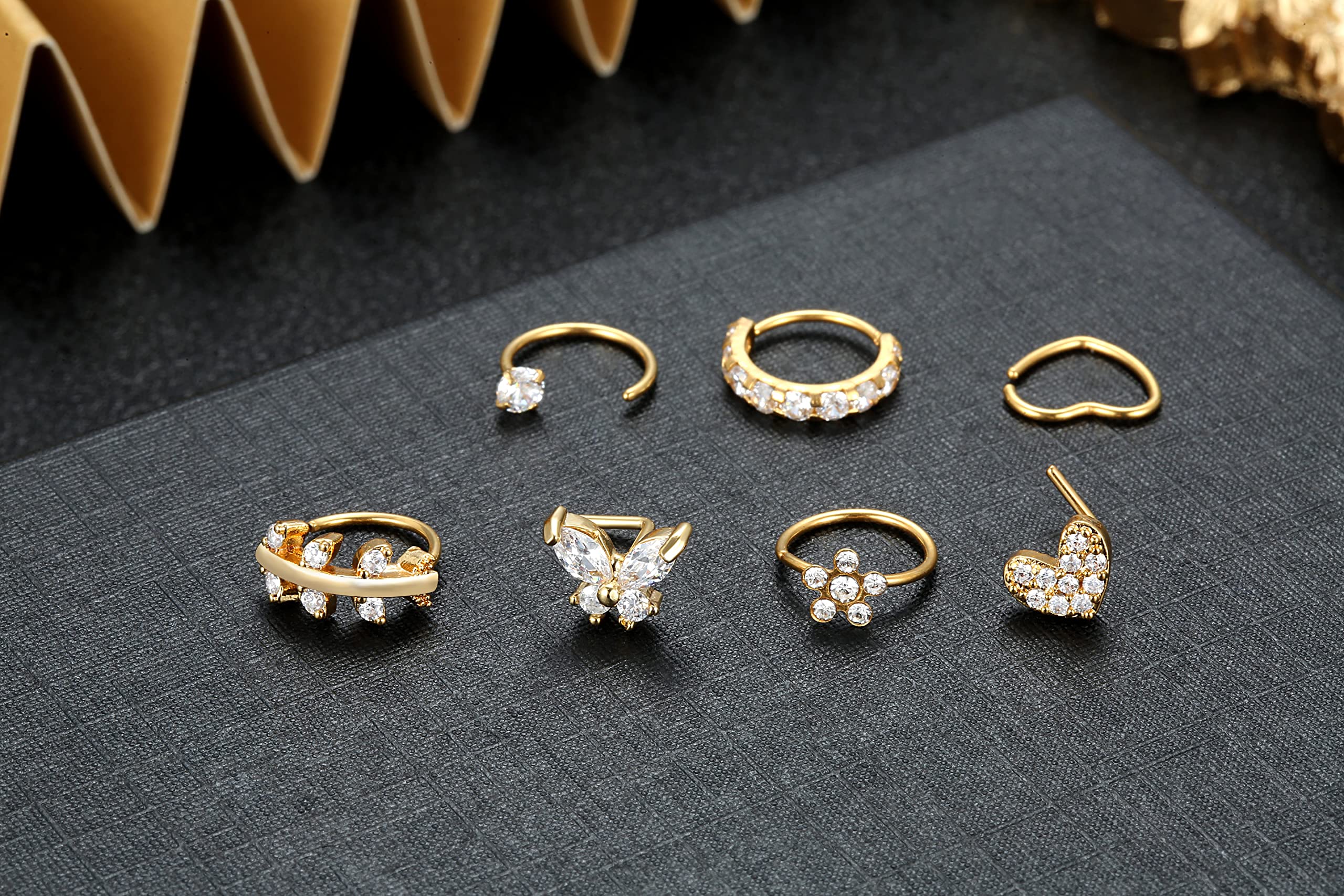 Zankulas Nose Piercings Jewelry Studs Flower Nose Ring L Shaped with Heart Butterfly Elements 20G Gold, Green