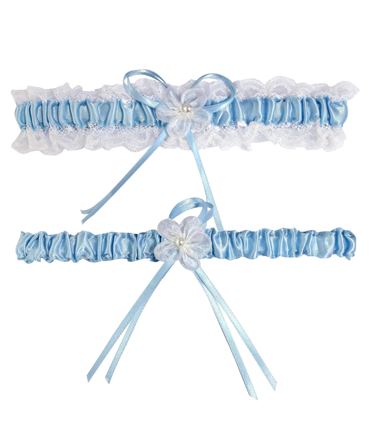 RIMOBUL 2 Pieces Wedding Garters Lace Bridal Garter Faux Pearls Garter for Bride with Toss Away(Light Blue)