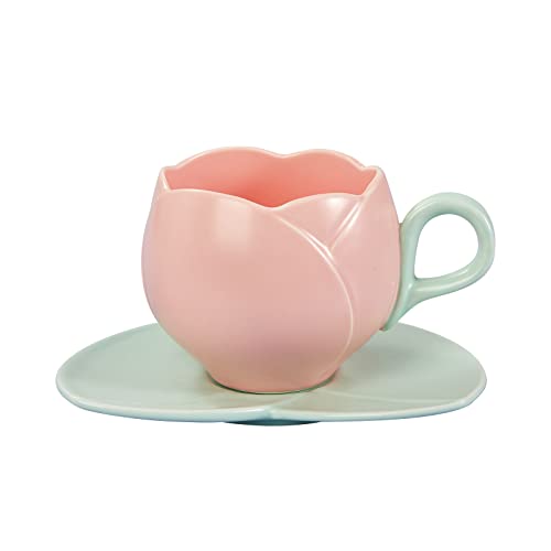 VIVERIE 10 oz Pink Flower Teacup and Saucer - Leaf Heart Tea Cup Saucer, Cute Coffee Mug, Tea Mug, Hot Teacup Set, Tea Accessories for Women, Mom, Friends, Birthday, Christmas Gift, Pink Christmas Mug