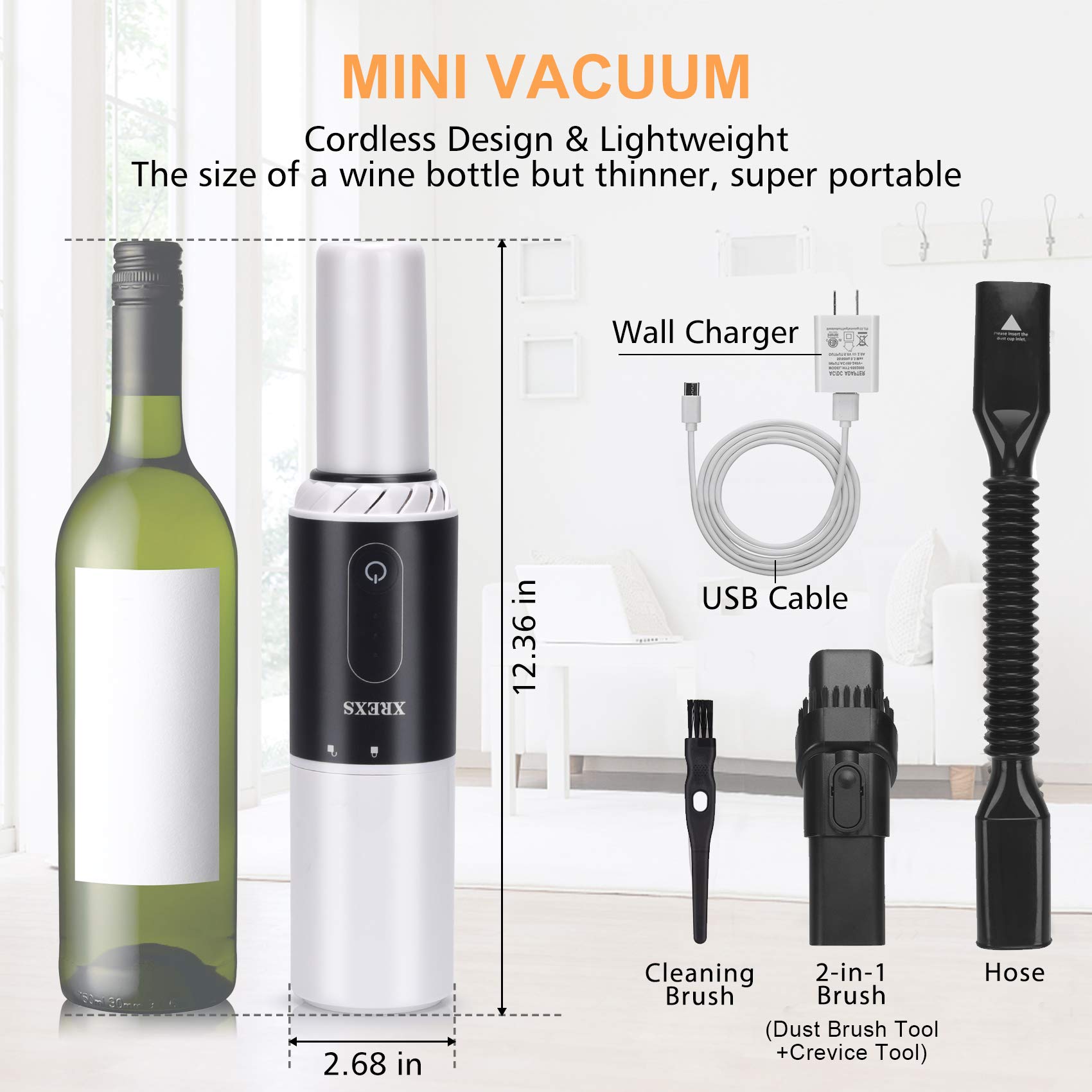 XREXS Handheld Vacuum Cordless, Portable Hand Held Car Vacuum Cleaner with High Power, Rechargeable Mini Vacuum for Home Pet Hair Cleaning