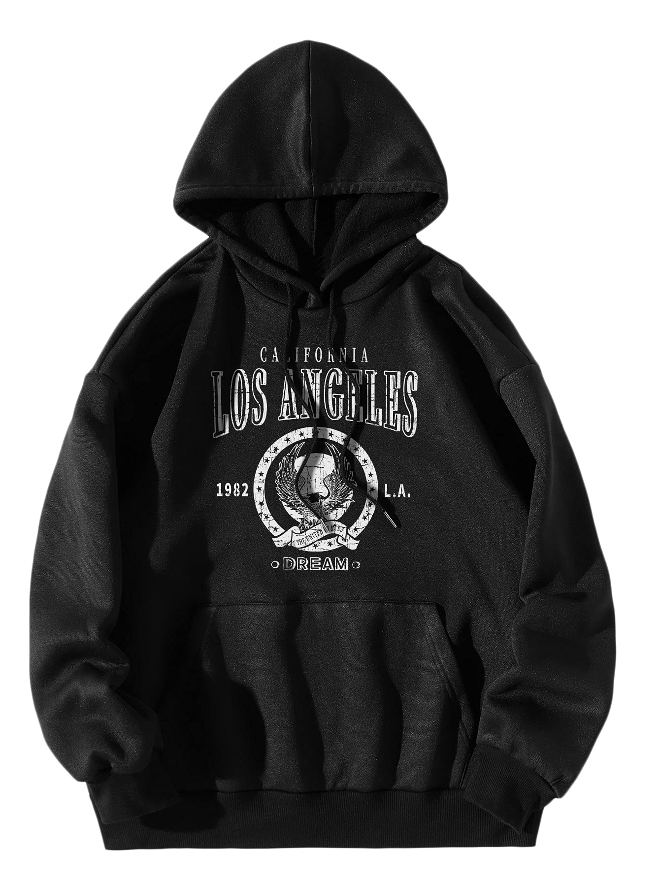 WDIRARA Women's Letter Graphic Print Pocket Drawstring Hoodie Sweatshirts Tops Black XL