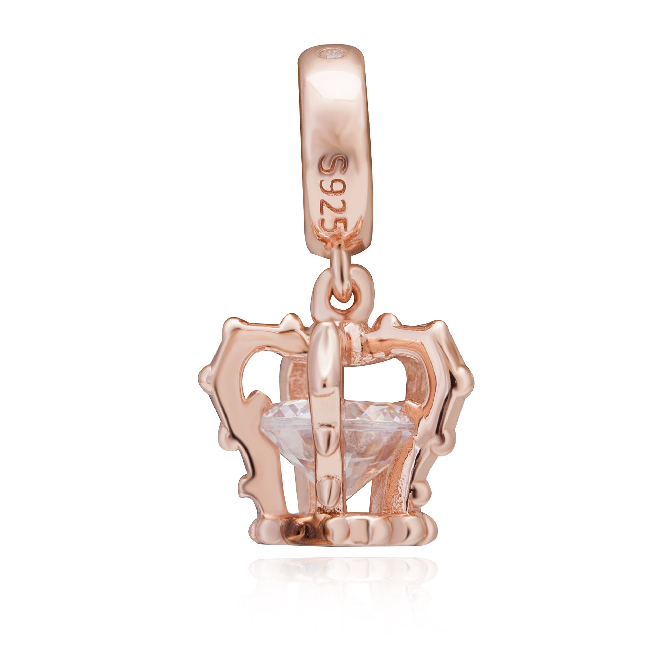 Tiara Dangle Charms 925 Sterling Silver Princess Crown Beads with CZ for European Bracelet (Rose Gold)