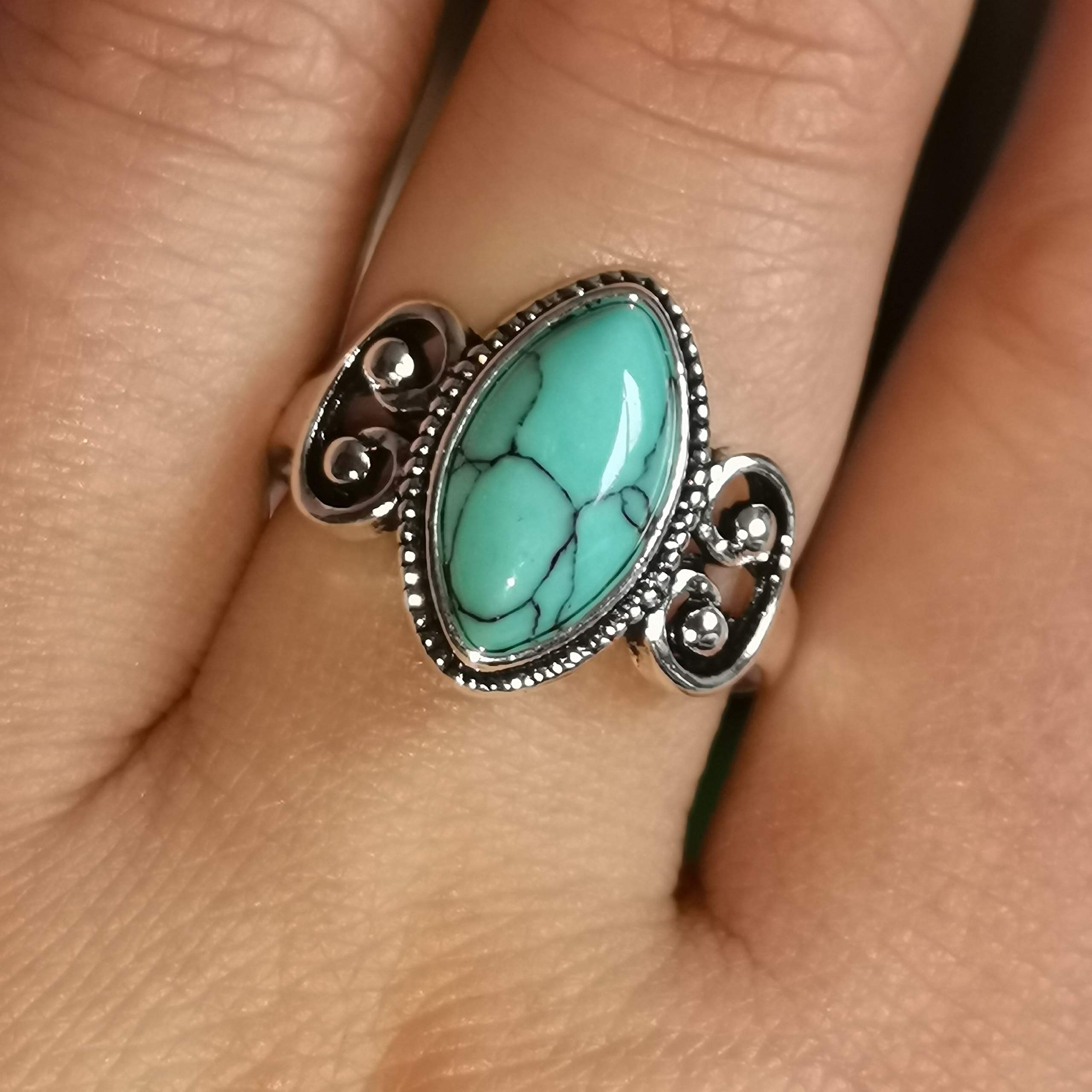 WANGYUSHENG Vintage Women's Silver Ring Marquise Cut Bohemia Turquoise Jewelry ,Chic Hand Made Jewelry Ring Wedding Ring Size 6-10 (US size 9)