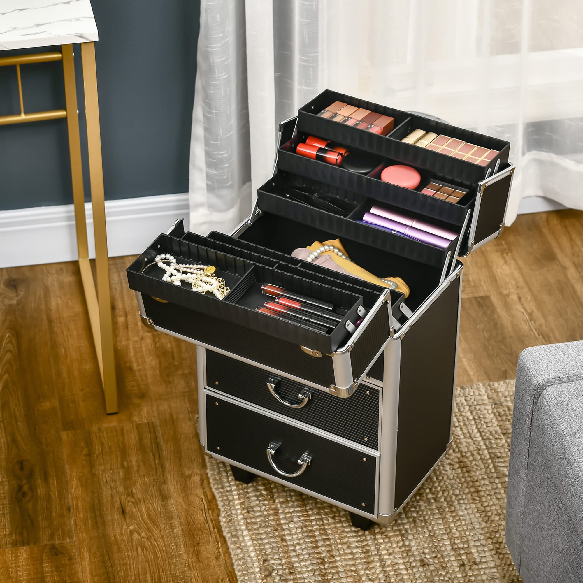 Professional Rolling Full Makeup Travel Train Case, Large Storage Cosmetic Trolley with Folding Trays, Drawer and Locks, Silver