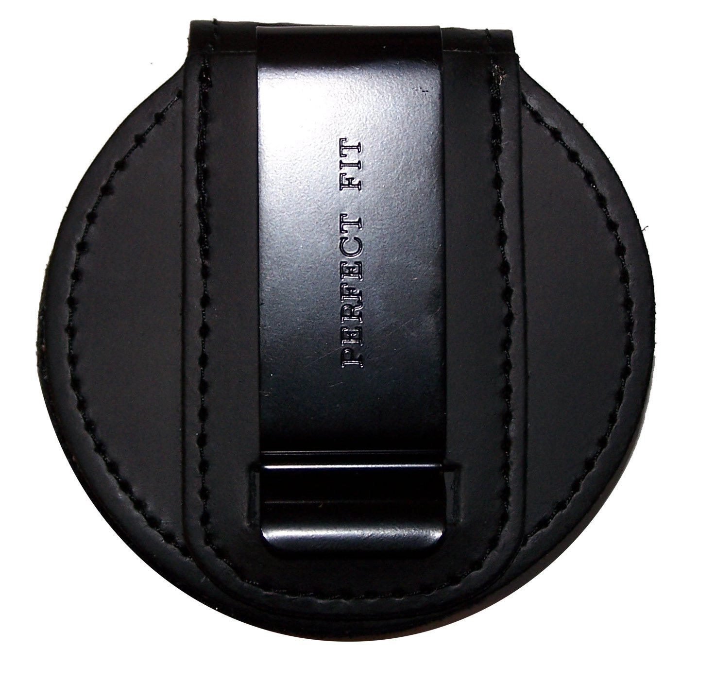 Round US Marshal Belt Clip Badge Holder Chain (2-1/4 inch recessed Cutout, Cutout PF281) Black Leather