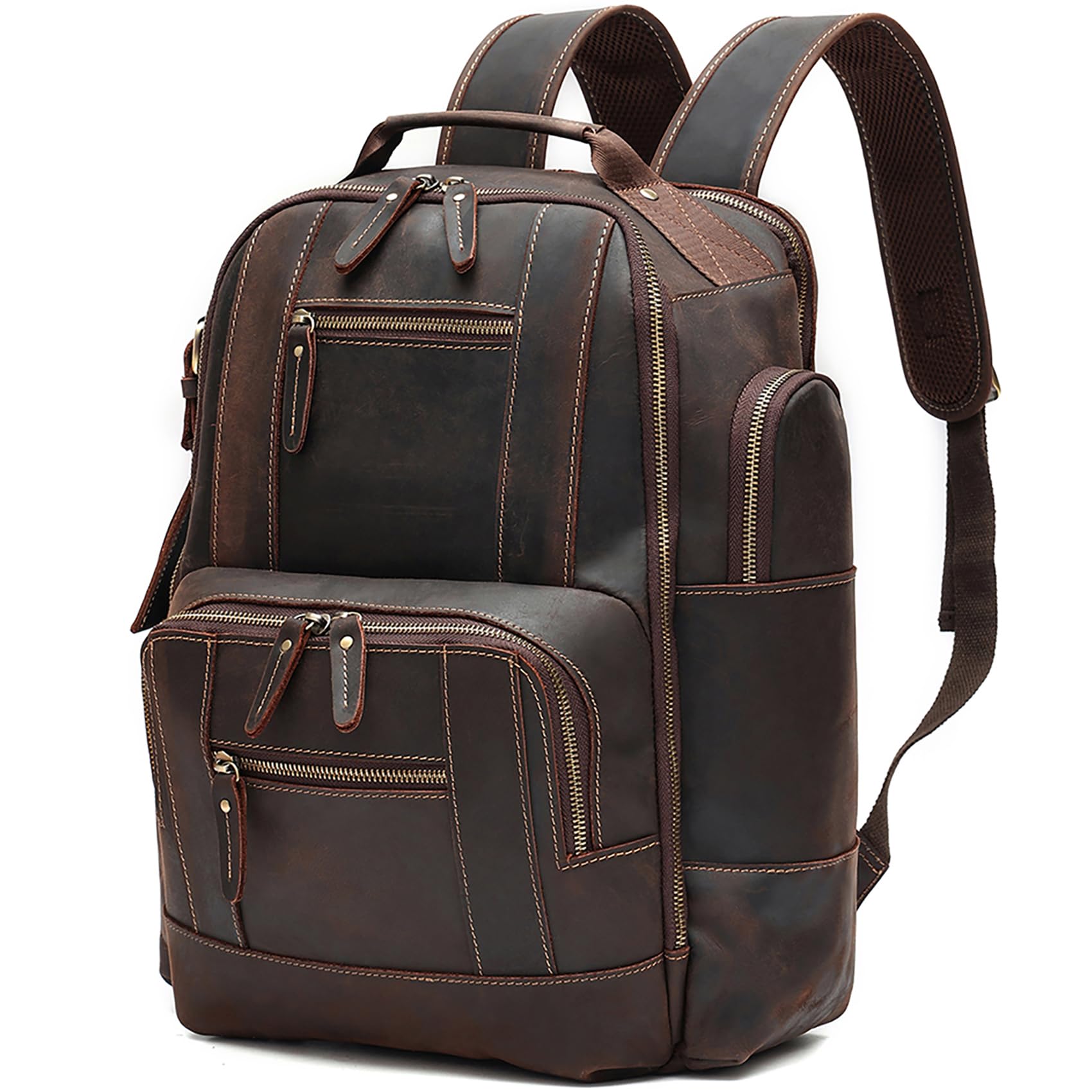Tenvery Leather Backpack For Men Full Grain Leather Rucksack 15.74" Large Capacity Laptop Business Office Work Bag Travel Camping Bag