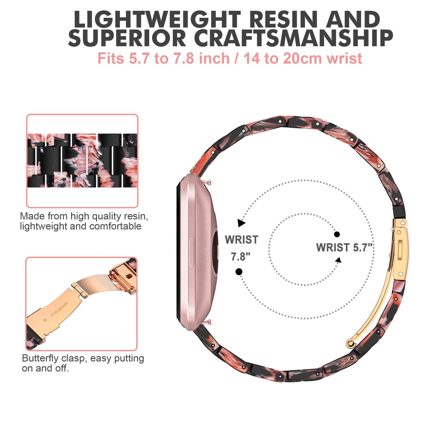 Wearlizer Resin and Stainless Steel Compatible with Fitbit Versa/Versa 2 /Versa Lite/Versa SE Bands Women Men, Lightweight Replacement Compatible with Fit bit Versa, Pink