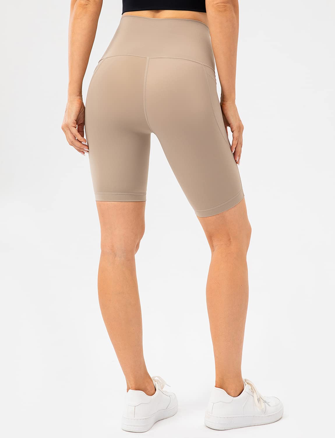 Ukaste Women's Studio Essential High-Rise Yoga Shorts with Pockets 8" - Buttery Soft Workout Active Shorts (Khaki, 6)