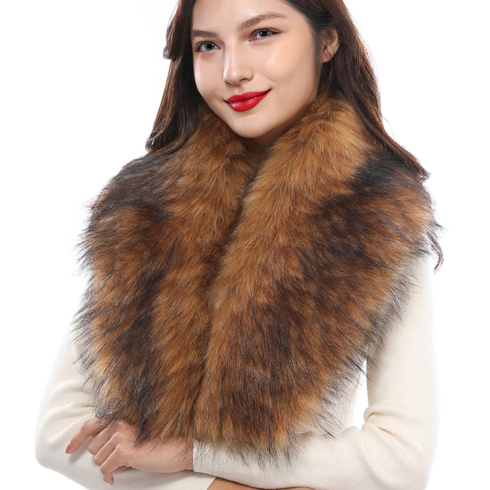 Valpeak Real Fur Collar Women's Fur Shawl Wrap for Party Winter Scarf Neck Warmer for Coat(bROWN)