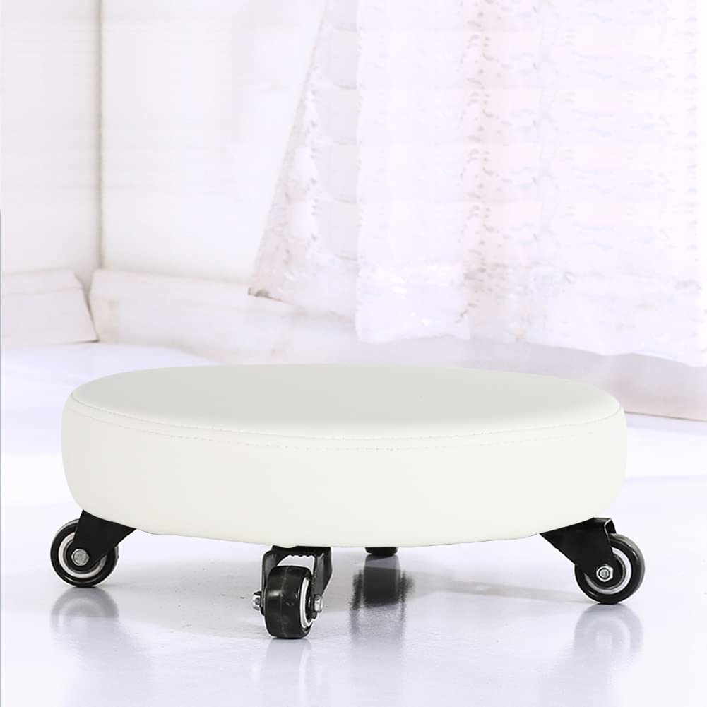 WKWKER Modern Roller Seat 360° Rotating PU Leather Rolling Stool Floor Stools with Universal Caster Ottoman Step Stools Fitness Sport H:4.7" Swivel Wheels for Home Garage Shop (Black)