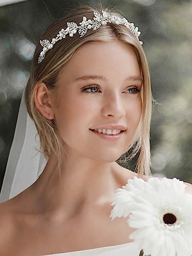 SWEETV Pearl Bridal Headband Silver Tiara for Bride Headpiece Crystal Leaf Wedding Hair Accessories Jewelry Tiaras for Women
