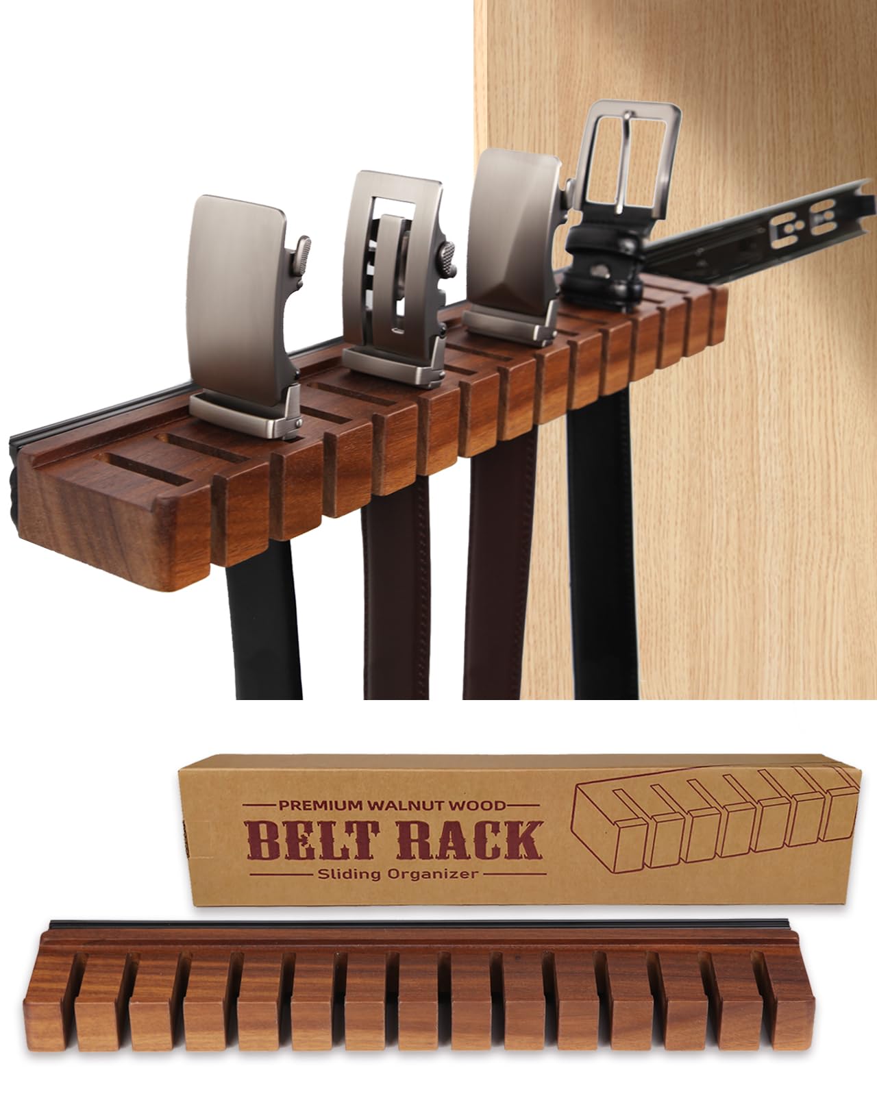 Premium Walnut Wood Belt Hanger with Slider, Belt Closet Organizer and Storage, Belt Hanger for Closet, Space Saving Hangers for Belt and Tie, Wooden Belt Holder, Tie Rack Tie Hanger for Men
