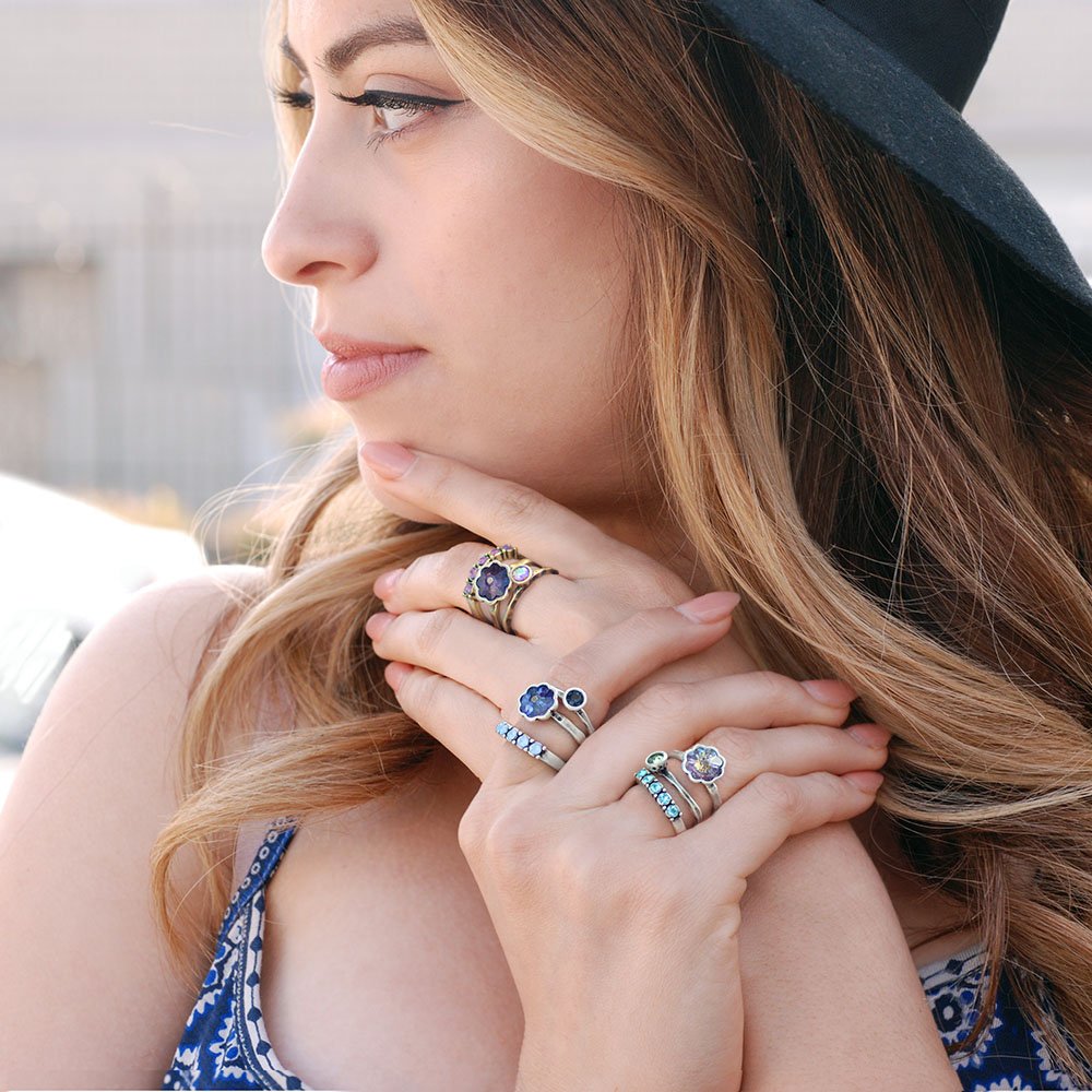 Sweet Romance Vintage Flower Swarovski Crystal Inspirational Wanderlust Boho Stack Rings - Set of 3 Stacking Rings (E - Adventure - Size 7)