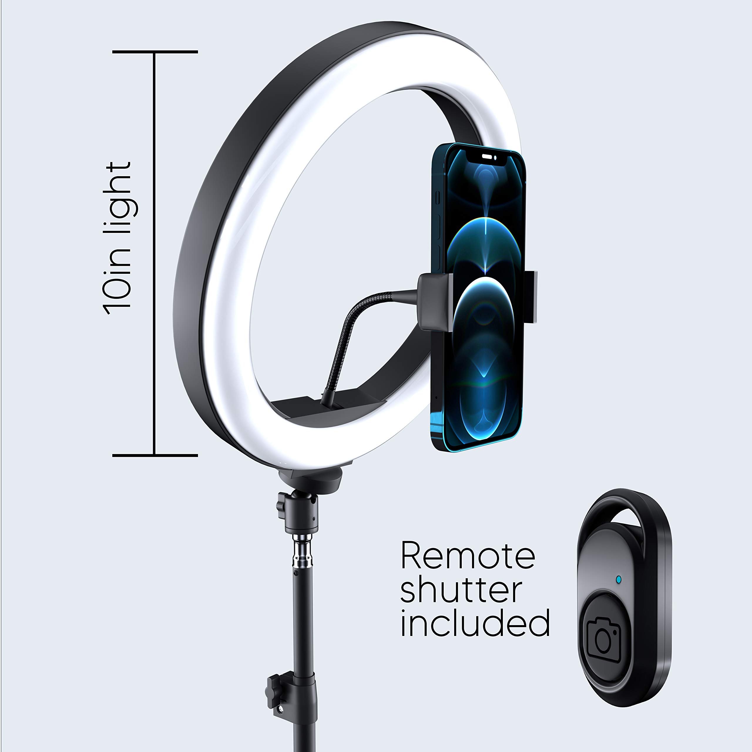 TALK WORKS 10" Selfie Ring Light Compatible w/iPhone 14/Plus/Pro/Max, 13/Mini/Pro/Max, 12/Mini/Pro/Max - Halo LED Circle Phone Holder Tripod Stand for Tiktok, Live Stream, Video Recording (Black)