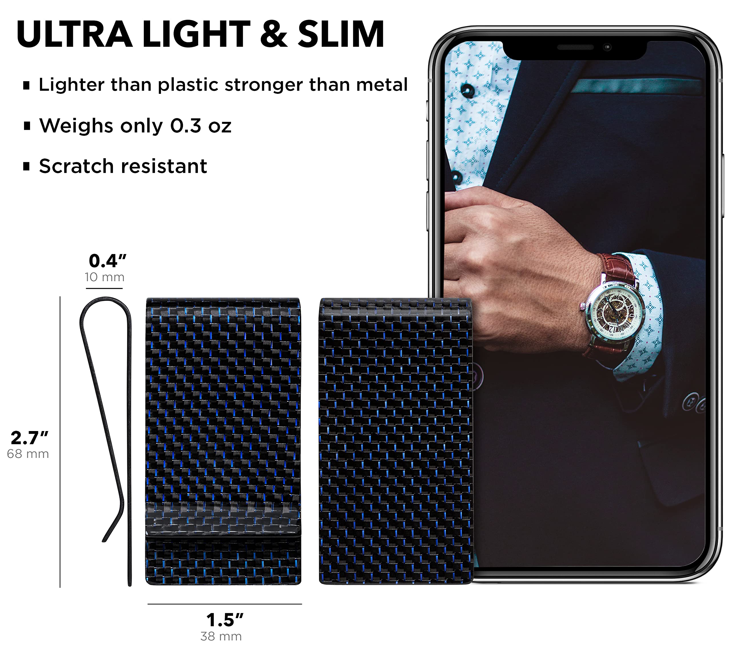 SERMAN BRANDS Carbon Fiber Money Clip Credit Card Holder Slim Business Front Pocket Clips for Men Black Glossy (Blue/black)