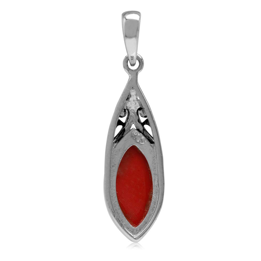 Silvershake 14X7mm Created Marquise Shape Red Coral 925 Sterling Silver Filigree Solitaire Pendant