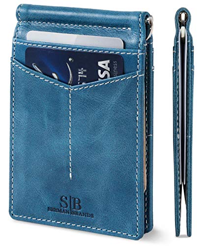 SERMAN BRANDS RFID Blocking Wallet Slim Bifold - Genuine Leather Minimalist Front Pocket Wallets for Men with Money Clip Gift (Arctic Blue Rogue)