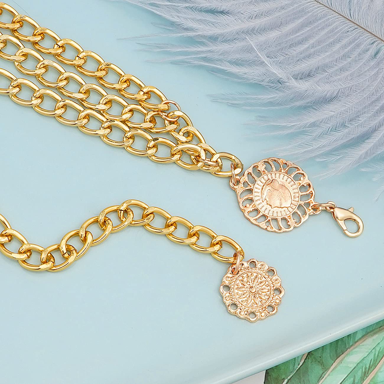 Wovanoo Multilayer Chain Belts for Women Layered Metal Waist Belt Boho Belly Chain Gold Sunflower 110cm