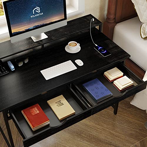 Rolanstar Computer Desk with 2 Drawers and Power Outlet, 39" Home Office Writing Desk with Monitor Stand, Workstation Table with Stable Metal Frame, Black