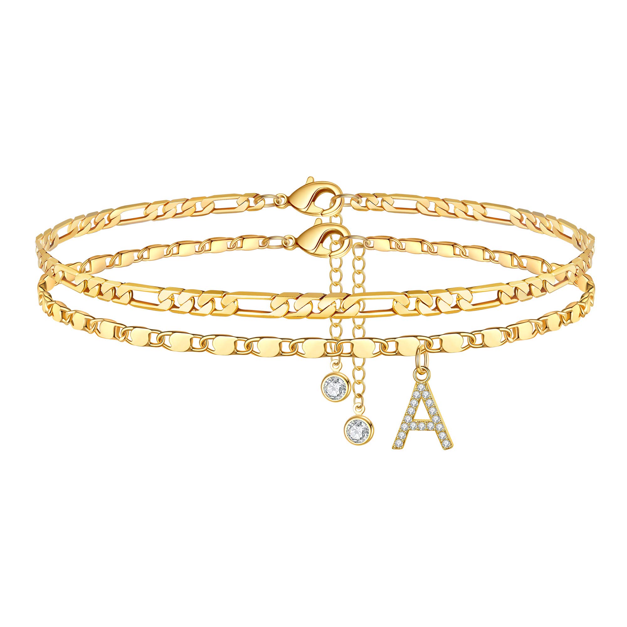 Ursteel Ankle Bracelets for Women, A Initial Anklet 14K Gold Plated Dainty Adjustable Layered Chain CZ Letter A Initial Anklets Set Summer Jewelry Gifts Anklets for Women