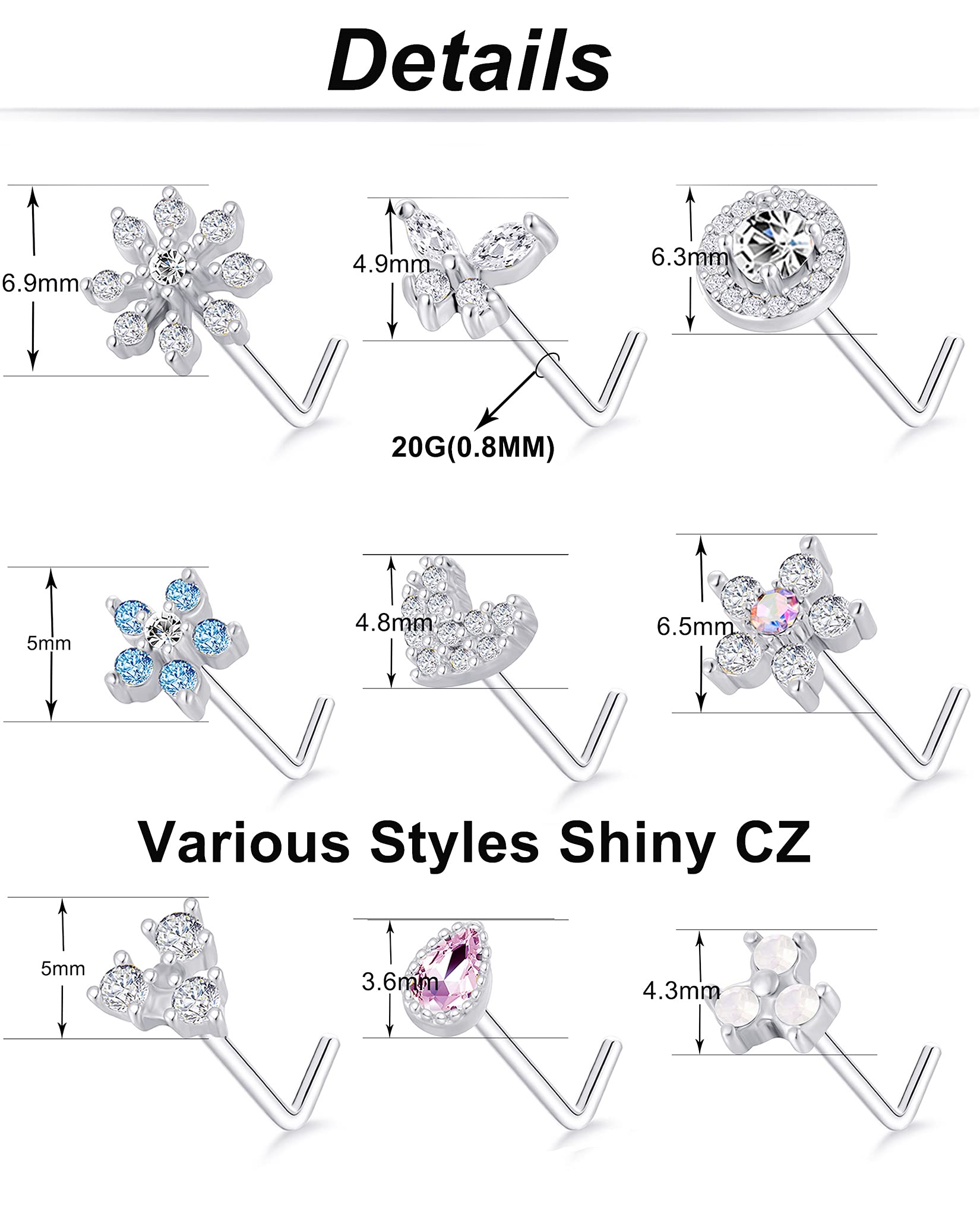 Tornito 9Pcs Nose Rings Stud L Shaped Nose Ring Flower CZ Snowflake Butterfly Screw Nose Stud Body Piercing Jewelry for Women Men 20G Silver Tone