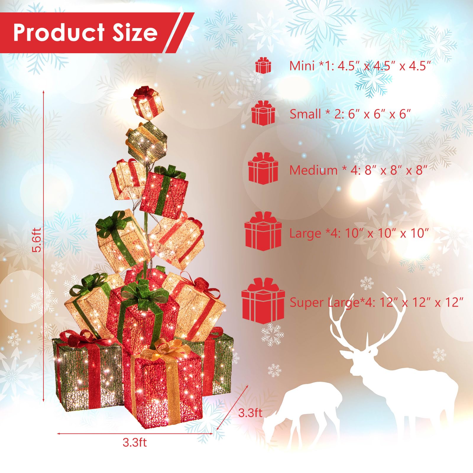 Tangkula 5.6 FT Lighted Box Tower, 15 Stacked Pre-lit Boxes with 450 Warm White Lights, Metal Base, Ribbons & Bows, Light up Gift Box Decorations for Indoor Outdoor