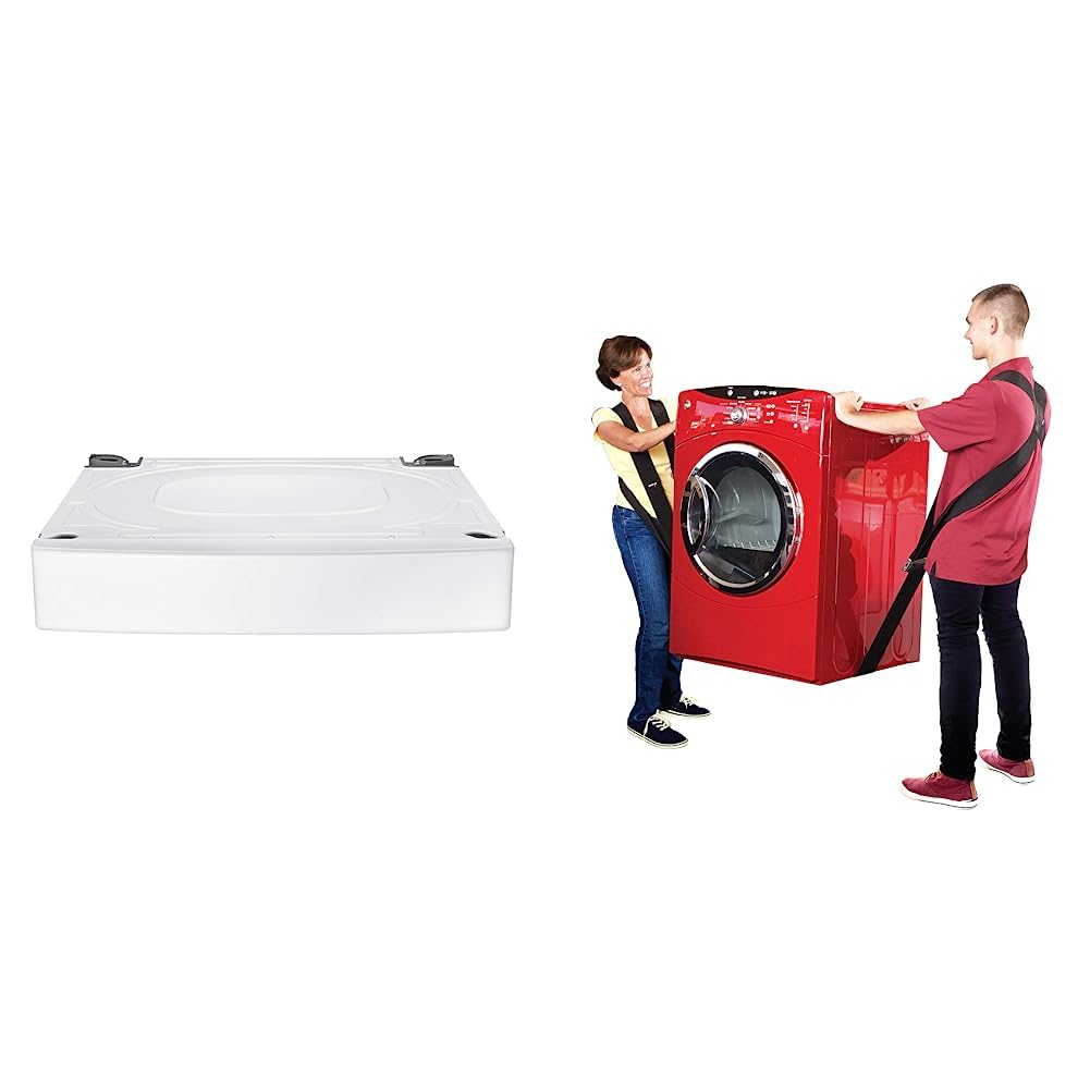 SAMSUNG 27" Wide Laundry Riser Pedestal Stand Bundle for 27" Wide Front Load Washer or Dryer + Shoulder Dolly Moving Straps