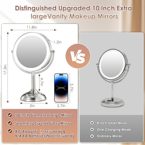 VESAUR 10" Extra Large and 17" Tall Lighted Makeup Mirror, 1X/5X Magnifying Vanity Mirror with 3 Colors Dimmable, 62 Premium LED Lights, 360° Rotation Table Mirror 2 Power Supply, Pearl Nickel