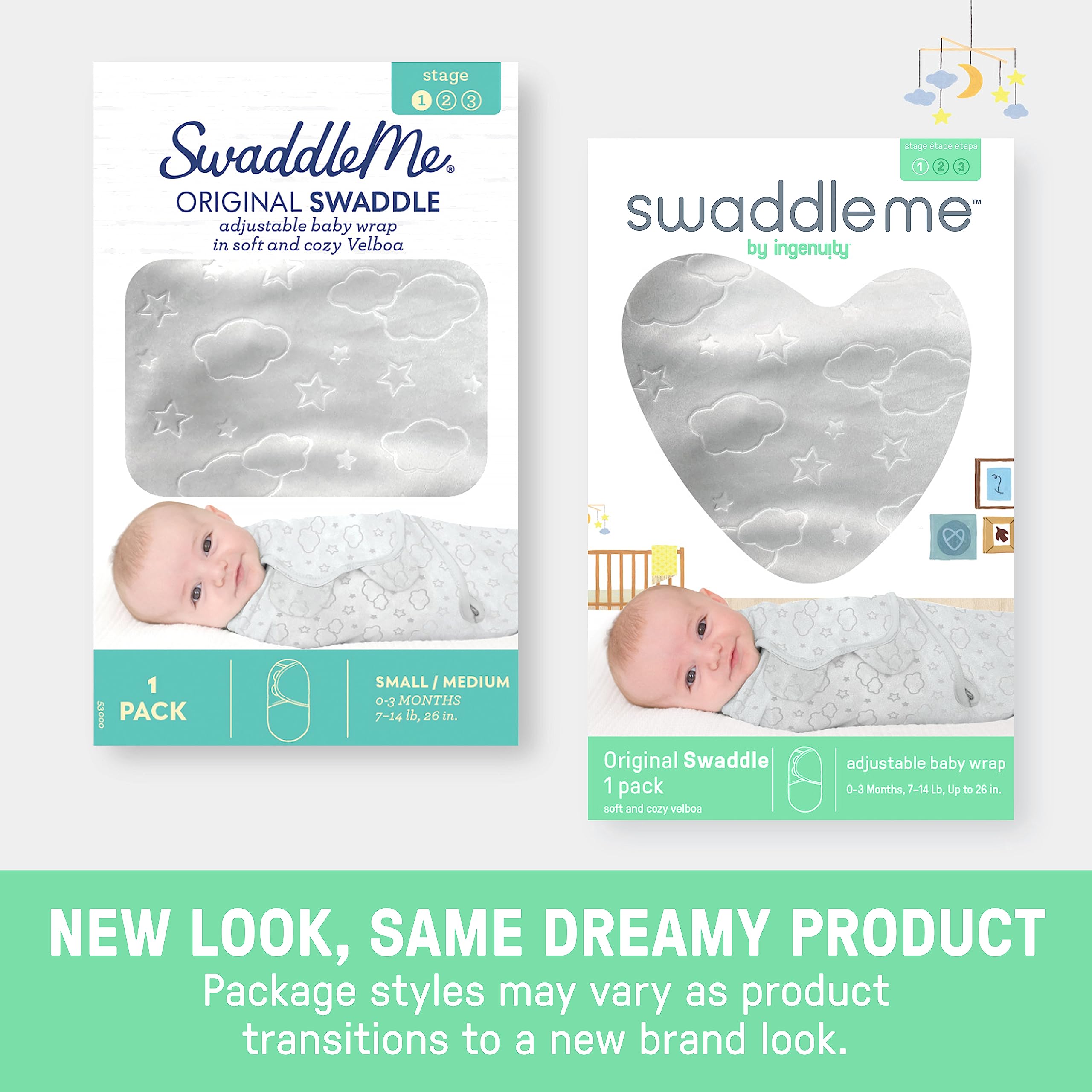SwaddleMe by Ingenuity Original Swaddle, Size Small/Medium, For Ages 0-3 Months, 7-14 Pounds, Up to 26 Inches Long, 2-Pack Baby Swaddle Blanket Wrap