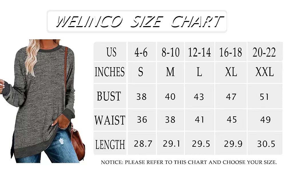 WELINCO Women's Long Sleeve Loose Casual Fall Pullover Side Split Tunic Tops Grey Large