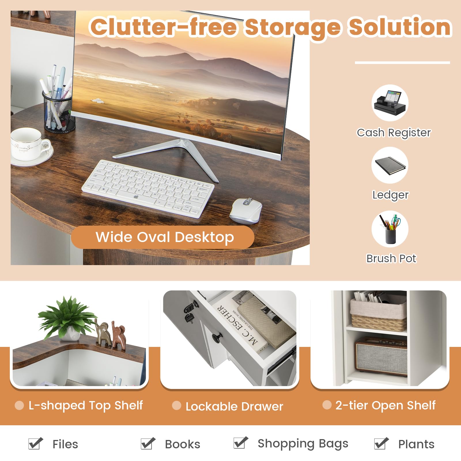 Tangkula Reception Desk, Front Counter Desk with Lockable Drawer & Adjustable Shelf, Oval Desktop, Retail Counter for Checkout, Computer Workstation for Salon Lobby Office, Home Office Desk