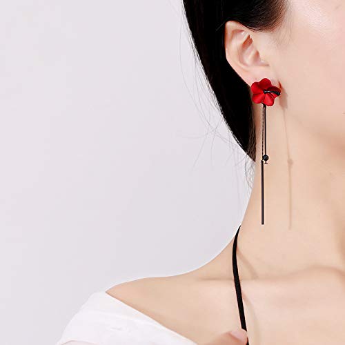 Trendy Red Green Poppy Flower Black Long Line Bar alloy Tassel Earrings for Women Charm Drop Dangle Earring Jewelry (Red)