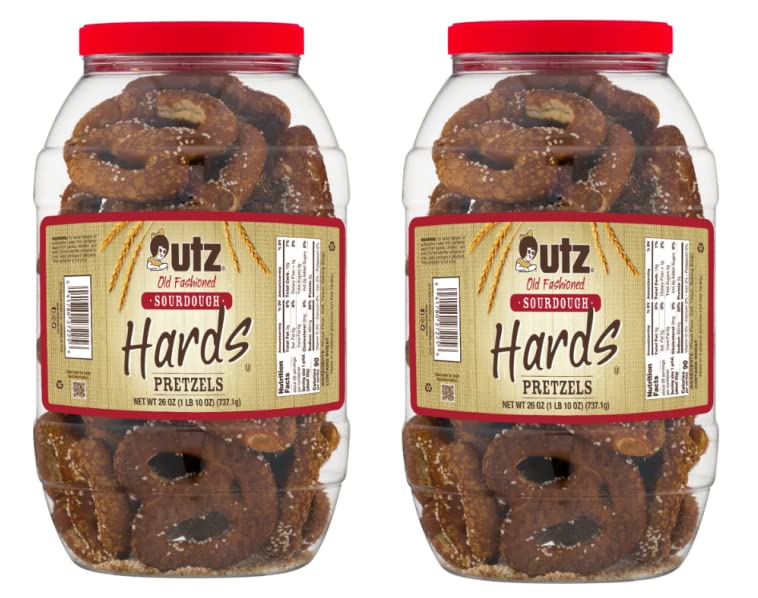 Utz Old Fashioned Sourdough Hard Pretzels ā 26 oz Barrel (2 Count) ā Big and Thick Classic Pretzel Twists, Crunchy Sourdough Pretzel with Zero Cholesterol, Brown