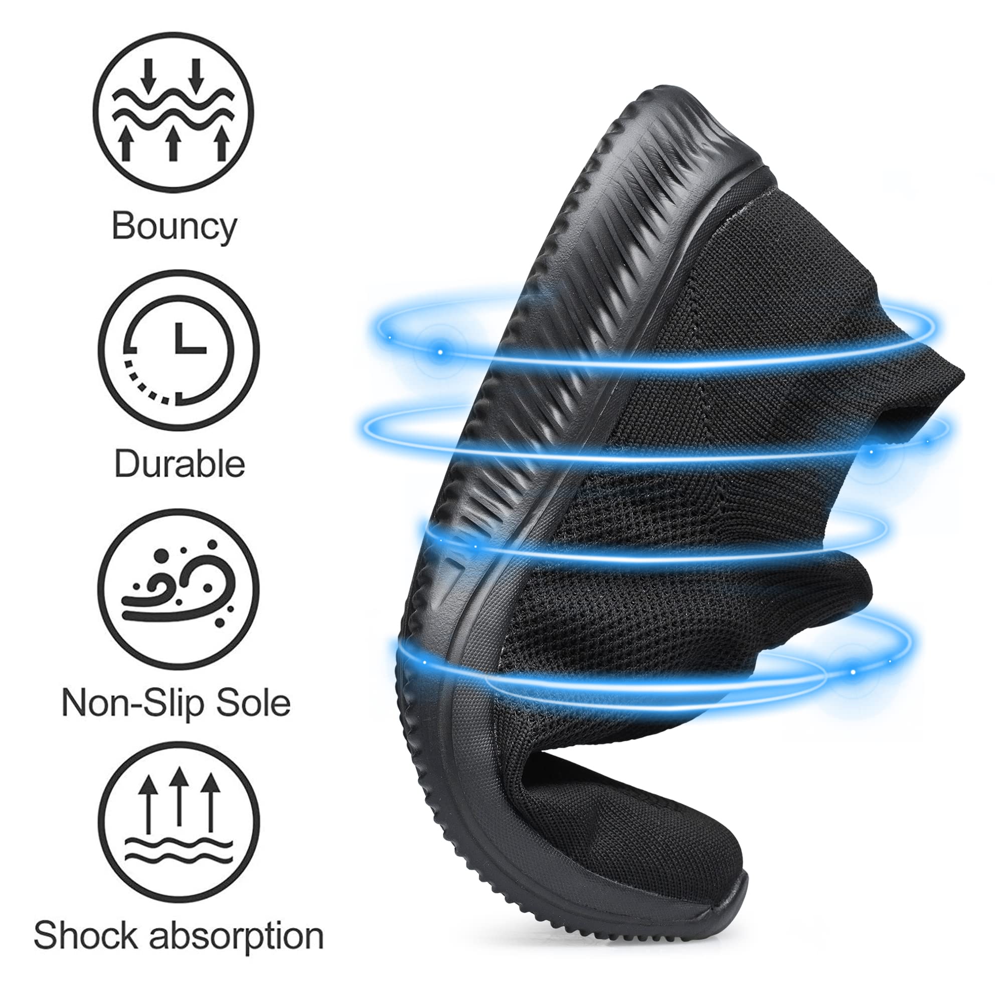 Women's Walking Shoes Sock Sneakers Slip on Work Shoes Zapatos de Mujer All Black Size 9