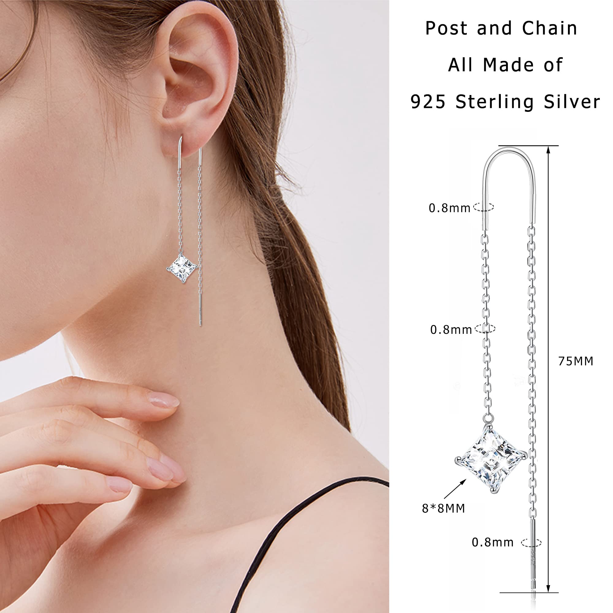 ZELORES 925 Sterling Silver Threader Earrings CZ Droplet Tassel Chain Earrings Silver Long Dangle Earrings for Women