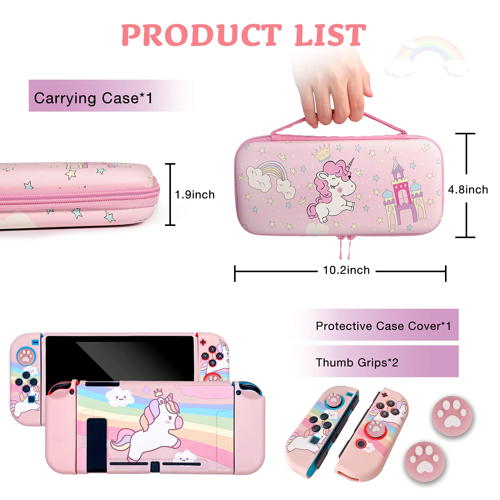 TCJJ Unicorn Hard Carrying Case for Nintendo Switch- Pink Portable Travel Case with Soft TPU Protective Case Cover Compatible with Nintendo Switch for Girls