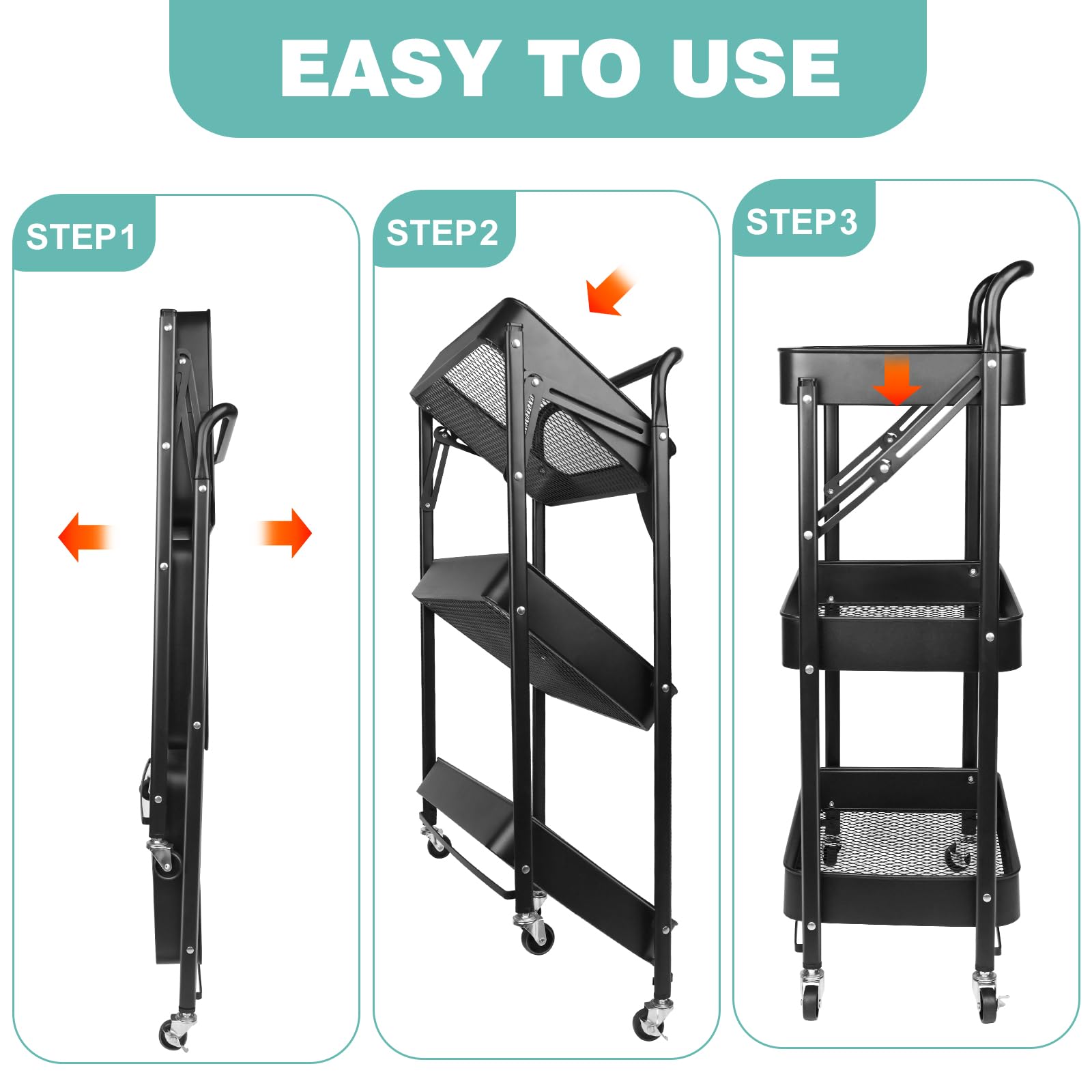 SAglorb 3 Tier Foldable Metal Utility Cart Organizer with Wheels, Folding Rolling Cart Collapsible Rolling Storage Cart for Laundry Room, Office, Kitchen (Black)