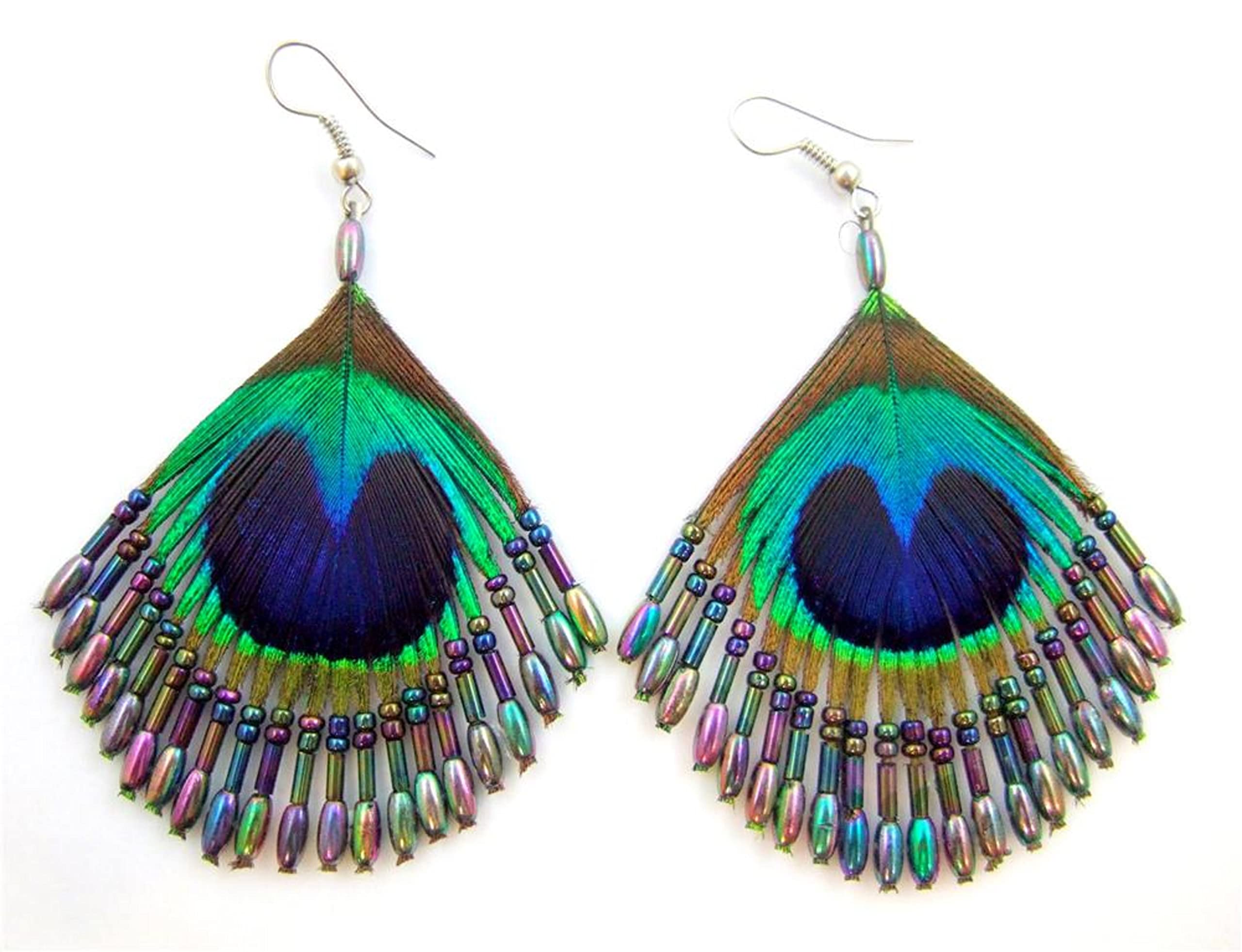 Swimmi Iridescent Peacock Feather Earrings, Hand Beaded Rainbow Color Beads Peacock Earrings for Women, Handmade Dangle Drop Feather Earrings Fashion Jewelry FA014