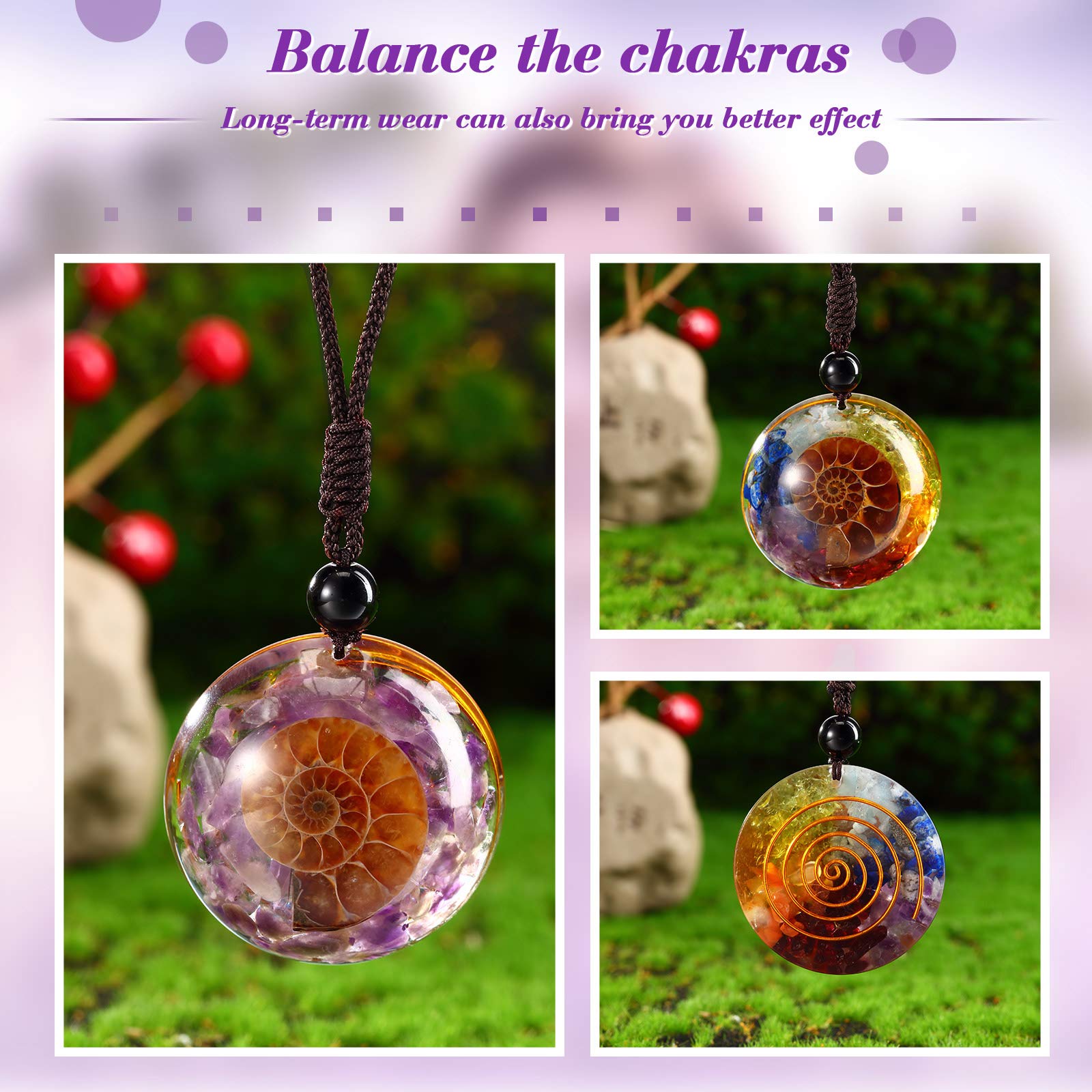Yaomiao 2 Pieces 7 Chakra Stone Reki Healing Crystal Energy Pendant Gemstone Amethyst Resin Ammonites Spiral Necklace