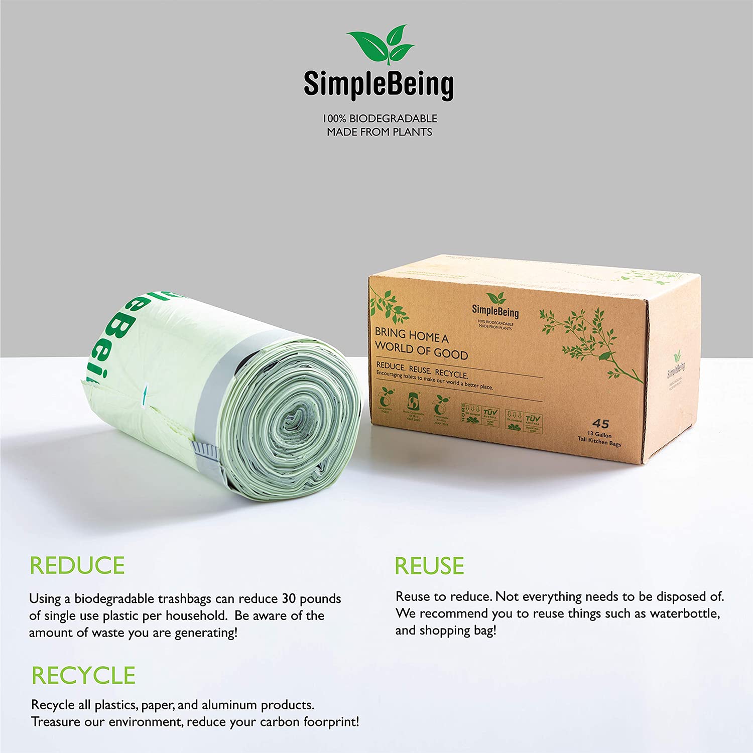 Simple Being Plant Based Compostable Tall Kitchen Bags with Handles, 13 Gallon (45 count), Compostable Trash Garbage Bags, Unscented Leak-Proof, Environmentally Friendly (Drawstring)