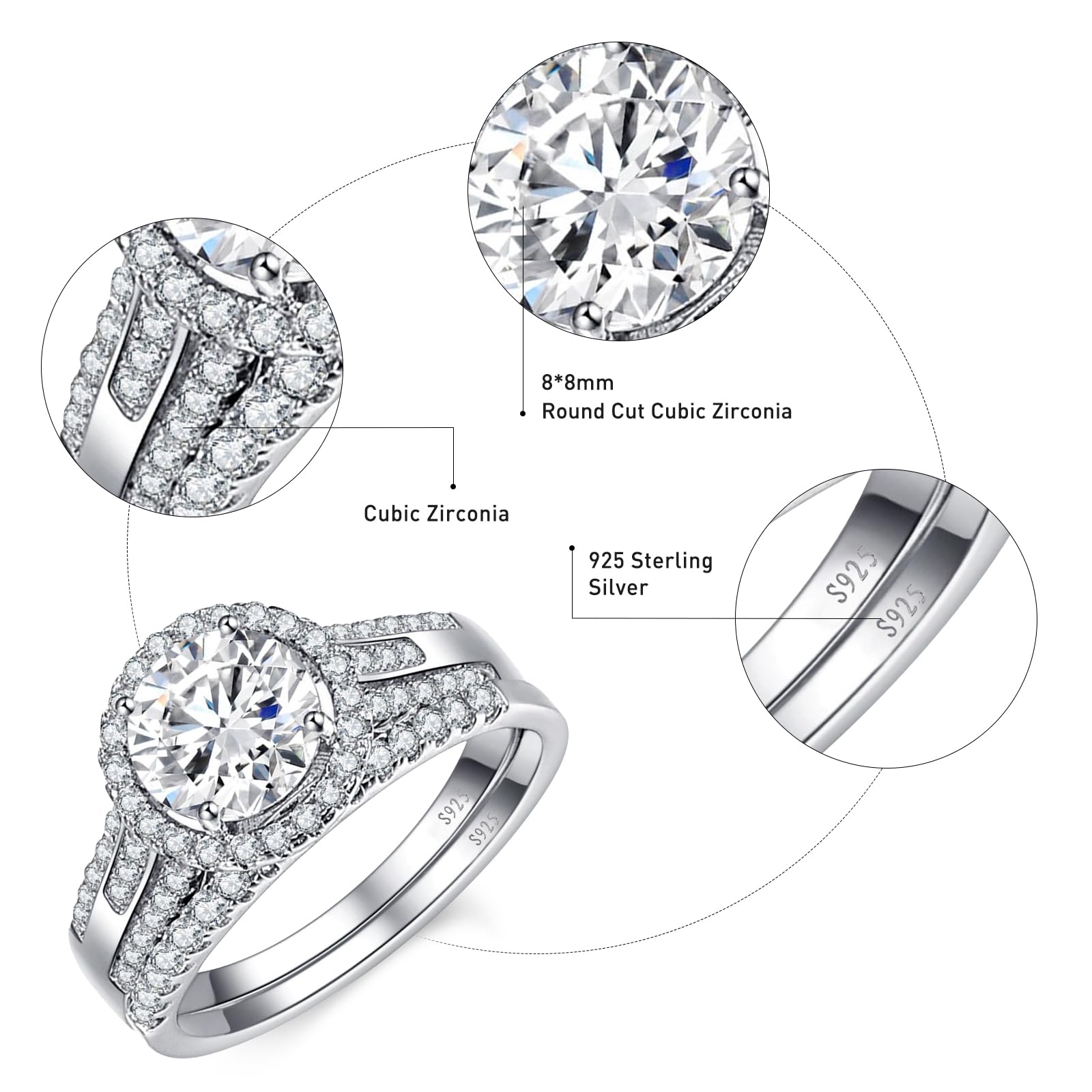 Yaresul 3.45ct Round Halo Women's Engagement Ring Sets 925 Sterling Silver Stackable Half Eternity Wedding Bands Stackable Cubic Zirconia Wedding Bands Rings Women Bridal Set Size 5