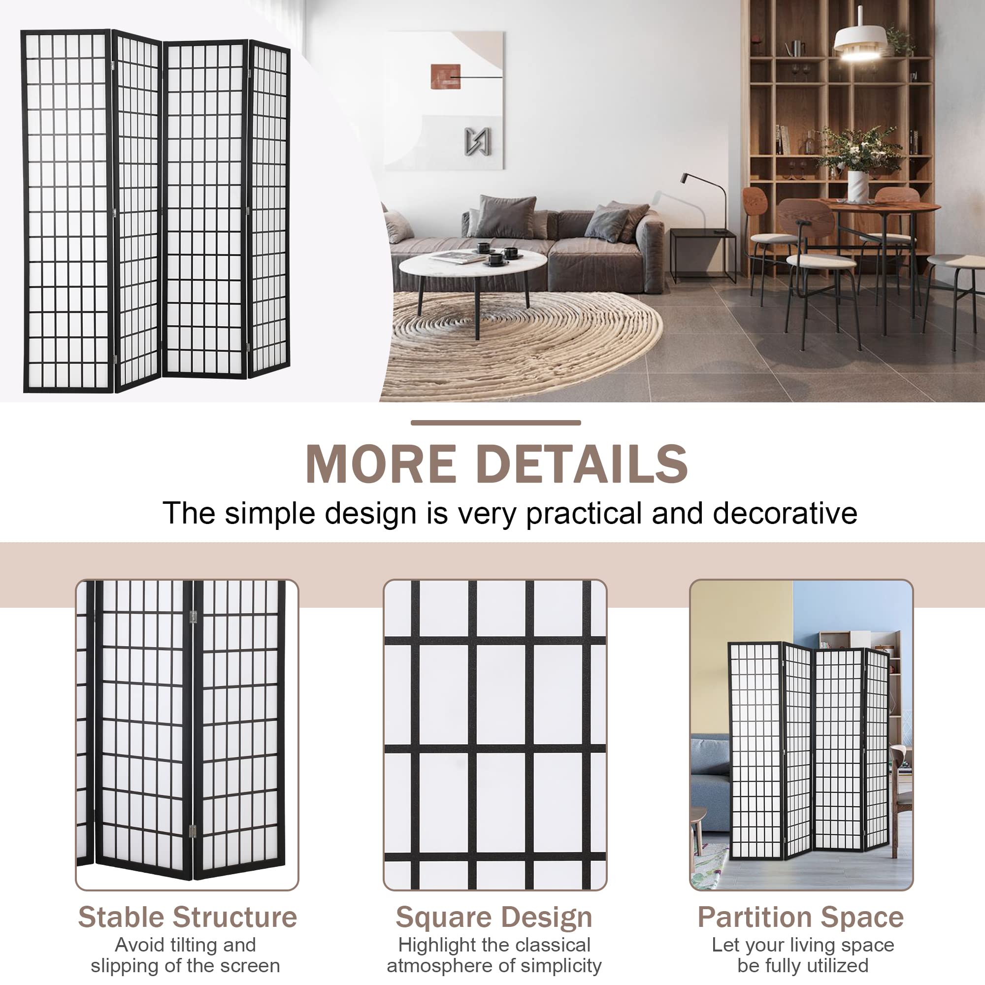 Room Divider Panel, 4 Panel Partitions and Dividers Freestanding, 6FT Room Dividers and Folding Privacy Screens, Room Divider Screen, Plum Blossom Shoji Screen for Home Office Bedroom, White