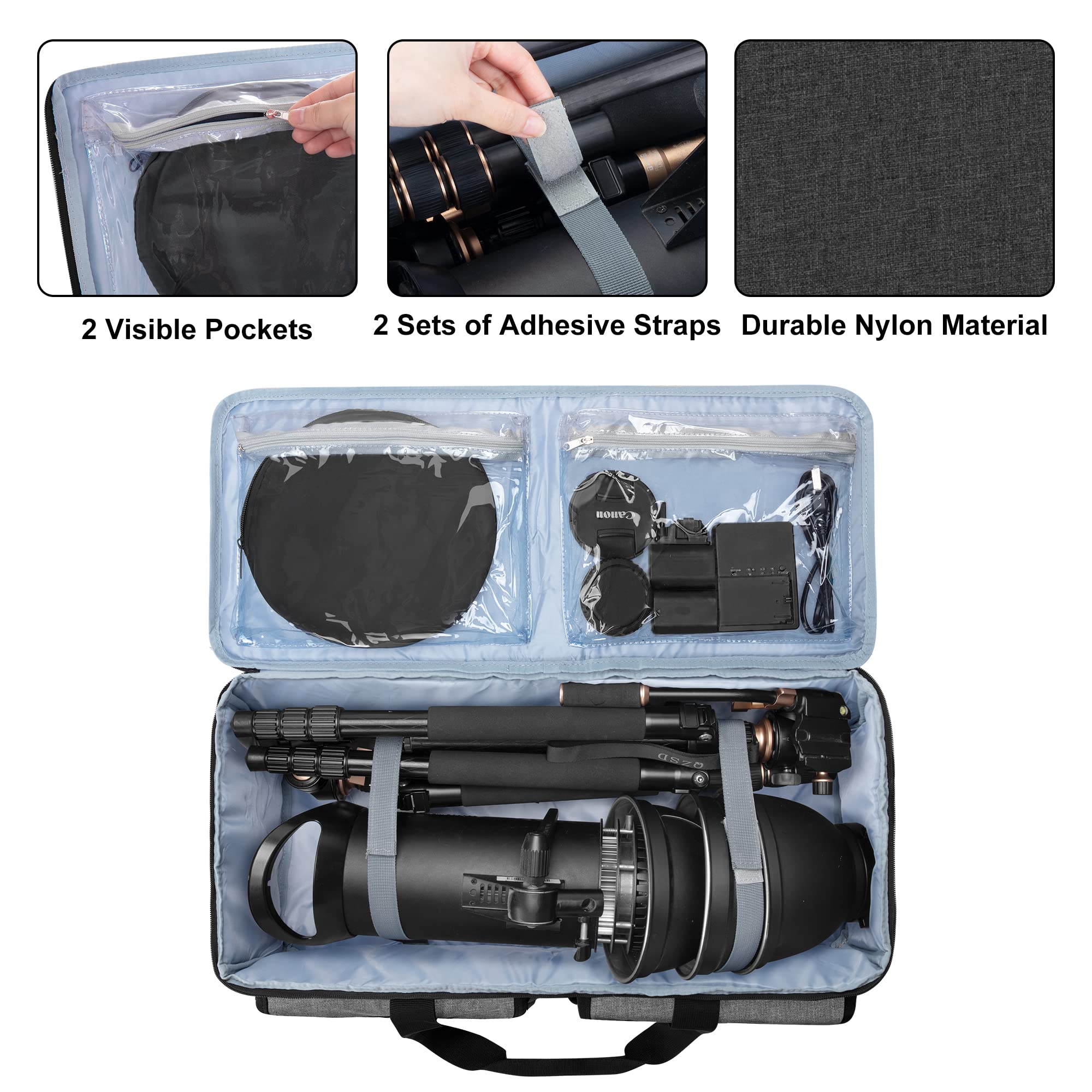 YARWO Tripod Carrying Case 23.4β Long, Portable Photo Studio Equipment Storage Bag Compatible for Manfrotto Tripods, Camera Monopod, Speaker, Microphone, Light Stand and Photography Accessories, Black