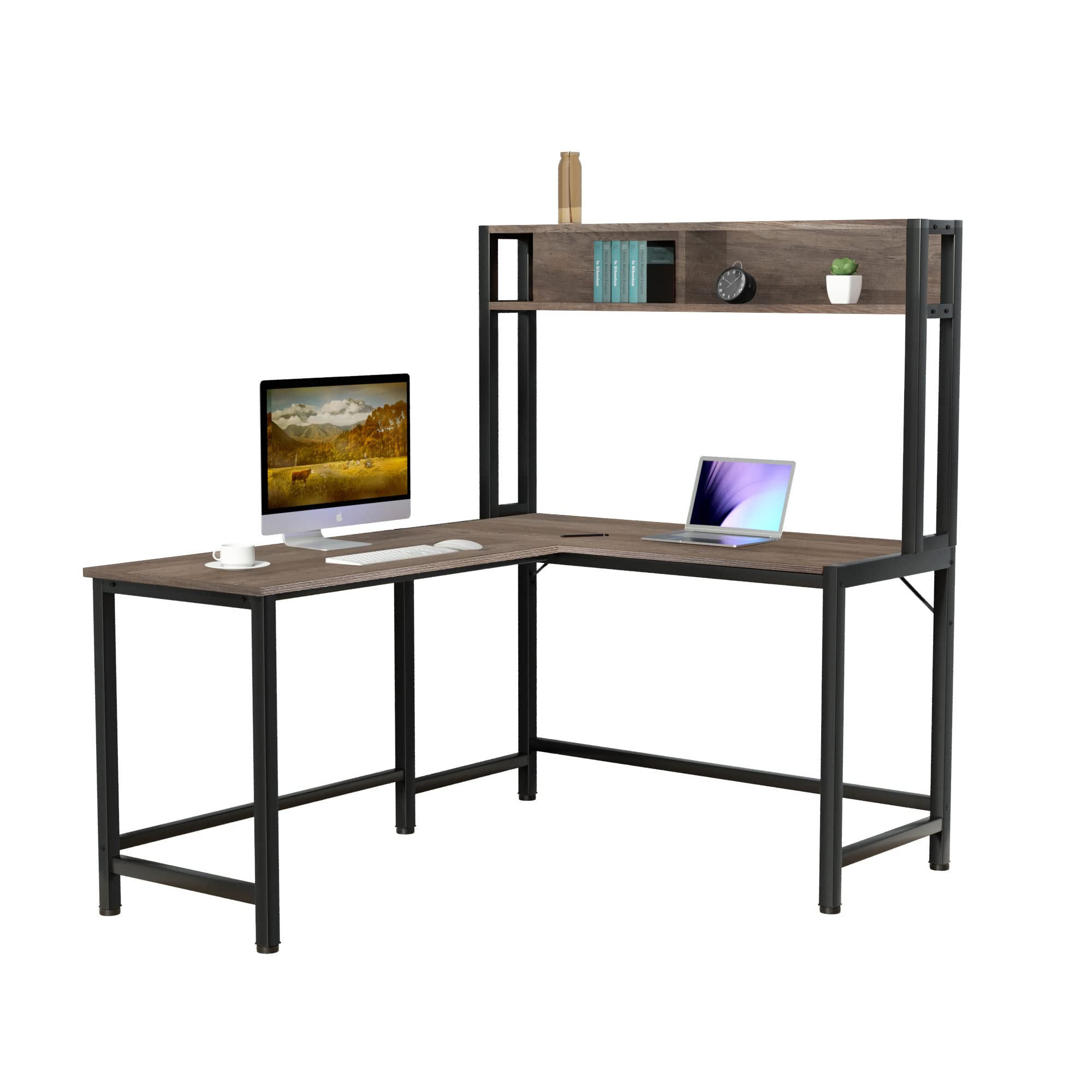 TechLand L Shaped Desk with Hutch, 55 Inch Corner Computer Desk Gaming Table Workstation with Storage Shelves Bookshelf, Study Writing Space Saving Desk for Home Office Grey SMDK006GR 0
