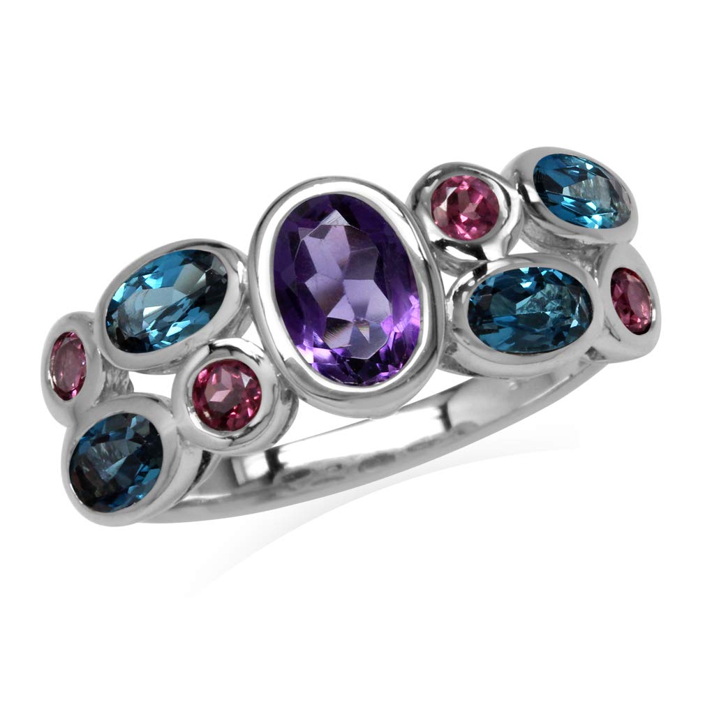 Silvershake Natural Amethyst Rhodolite Garnet and London Blue Topaz 925 Sterling Silver Cluster Cocktail Ring Size 8