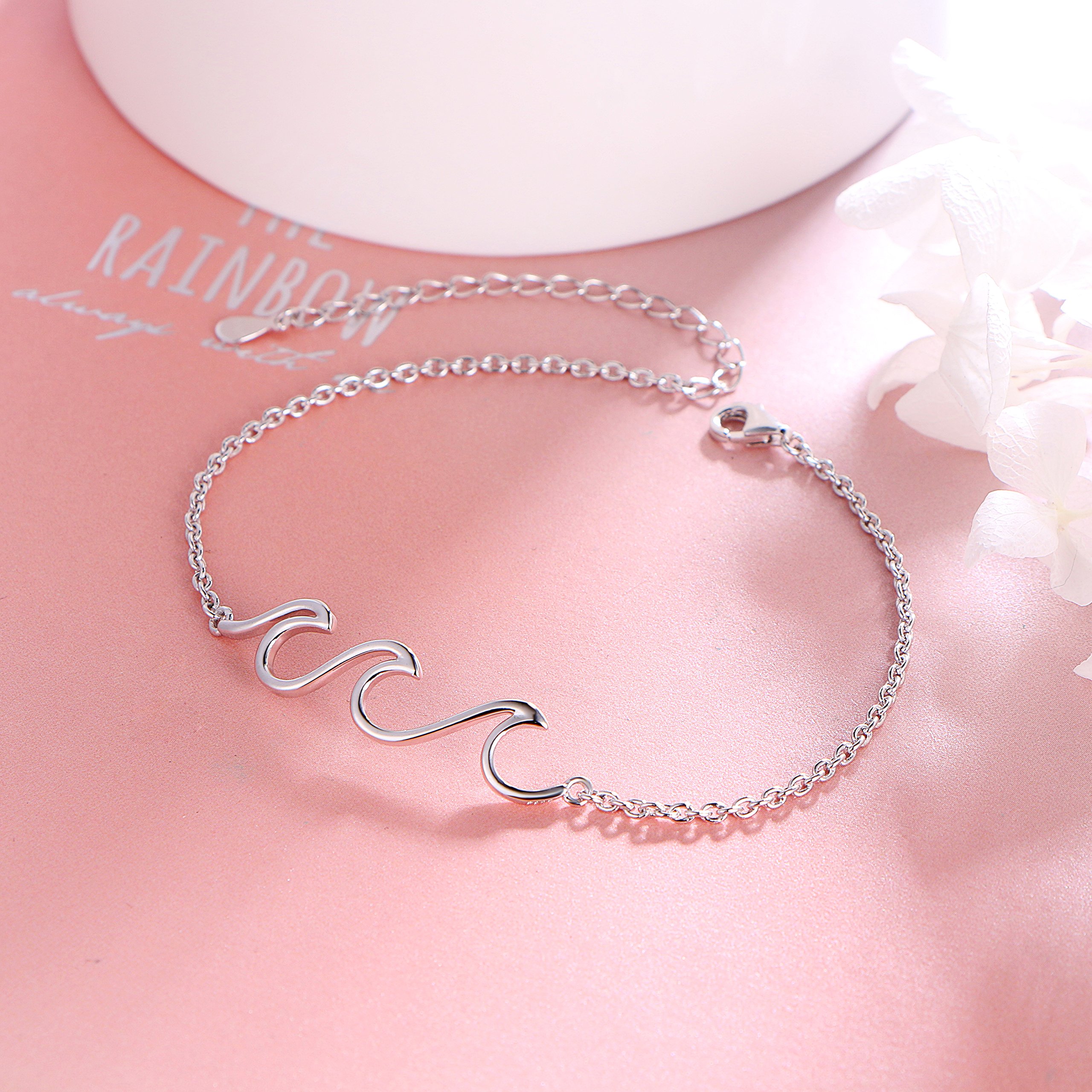 S925 Sterling Silver Wave Ocean Beach Sea Adjustable Anklet Ankle Bracelet for Women