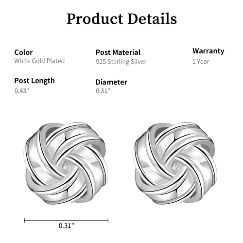 White Gold Plated Knot Stud Earrings | Hypoallergenic Ear Stud, Classic Small Love Knot Earrings for Women
