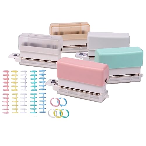 TAIYUYUE 1 Mini Portable Paper Punch with 10PCS 6-Hole Random Color Binder Rings -Cute 6-Hole Puncher for Crafts, Planners, Binders with Positioning Ruler - 2 Sheets Capacity, 5 Colors (Pink)